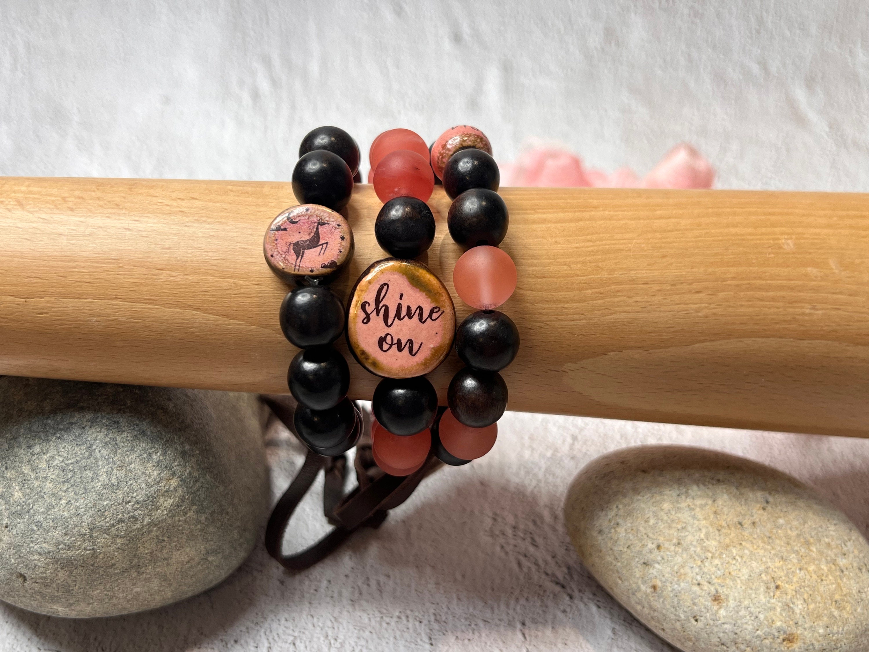 Brown Wood Pink Stacking Stretch Bracelet, Inspiration Affirmation Wood ...