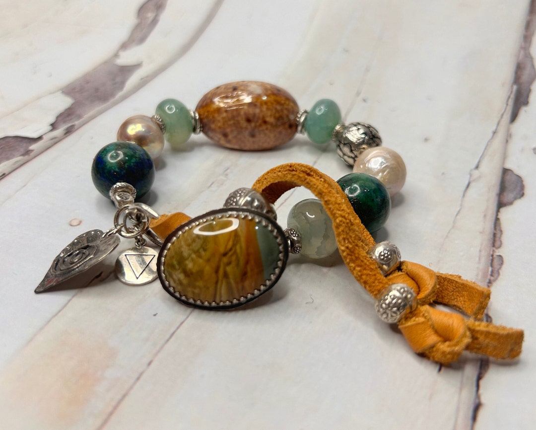 Picture Jesper Button and Leather Closure Bracelet, Blue Brown Chunky ...