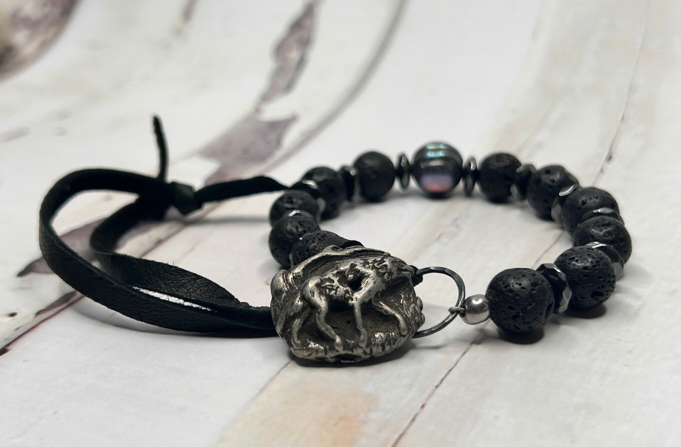 Mens Beaded Matte Lava Beads Wilderness Bracelet With Wolf Button and ...