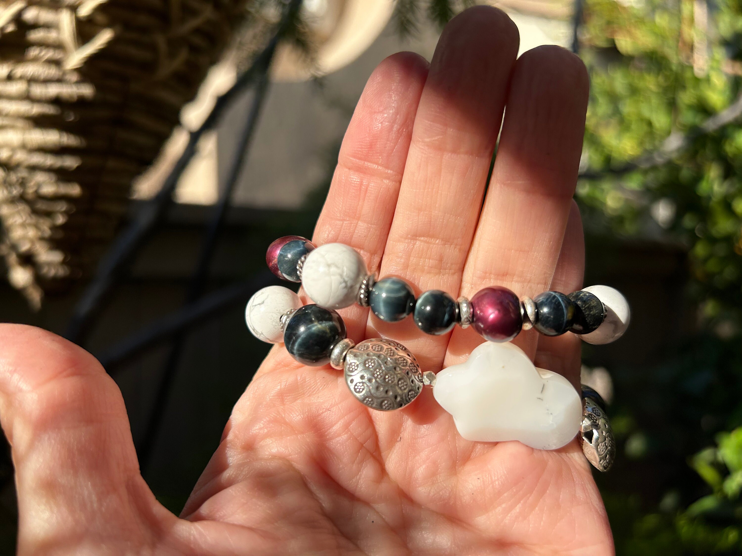 Navy and White Cloud Boho Button Bracelet, Hawk Eye and White Opal ...