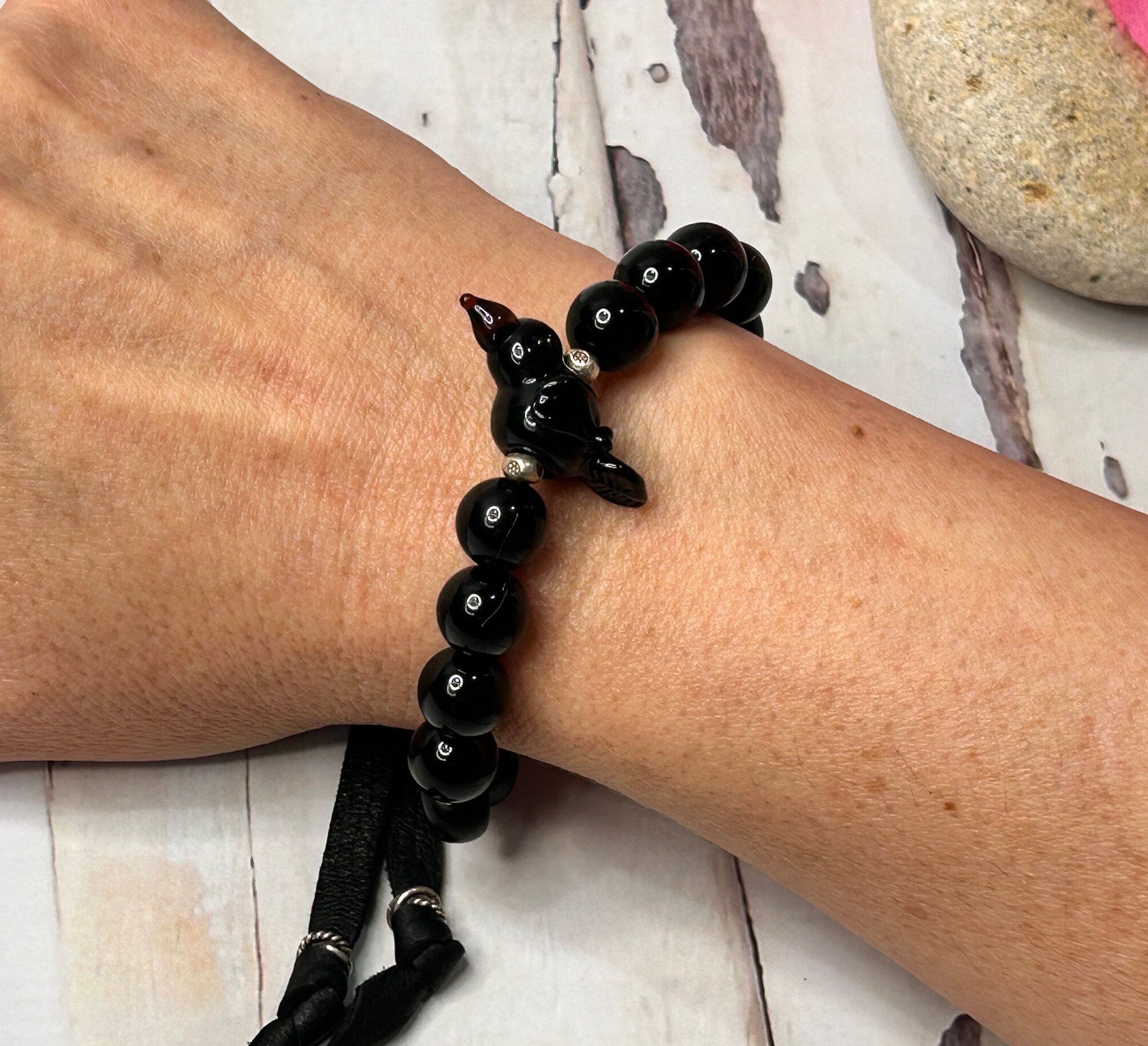 Black Onyx Raven Stacking Stretch Bracelet, Artisan Glass Crow Bracelet ...