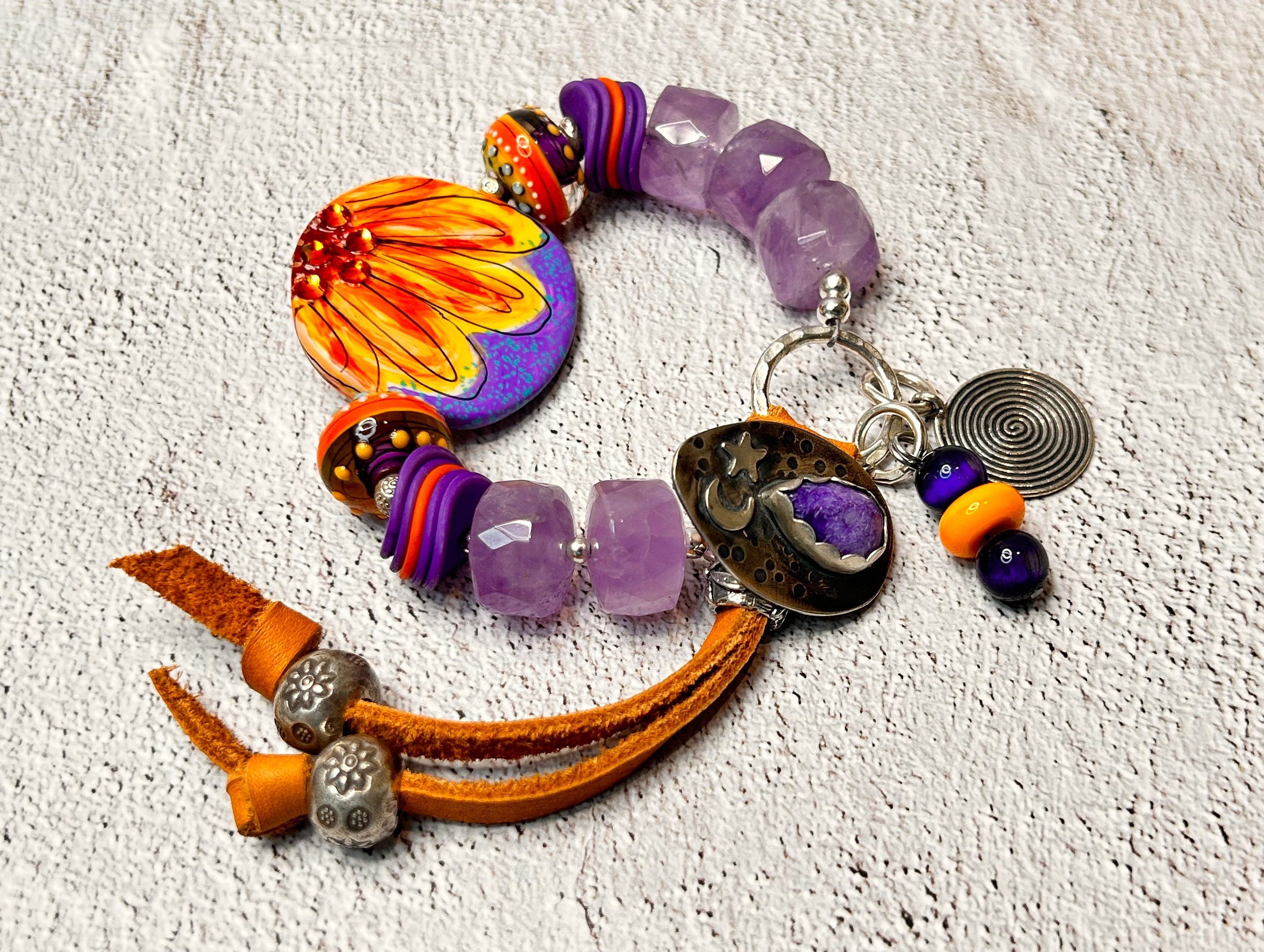 Orange Purple Boho Artisan Color Burst Gemstone Bracelet, Mixed Beads ...