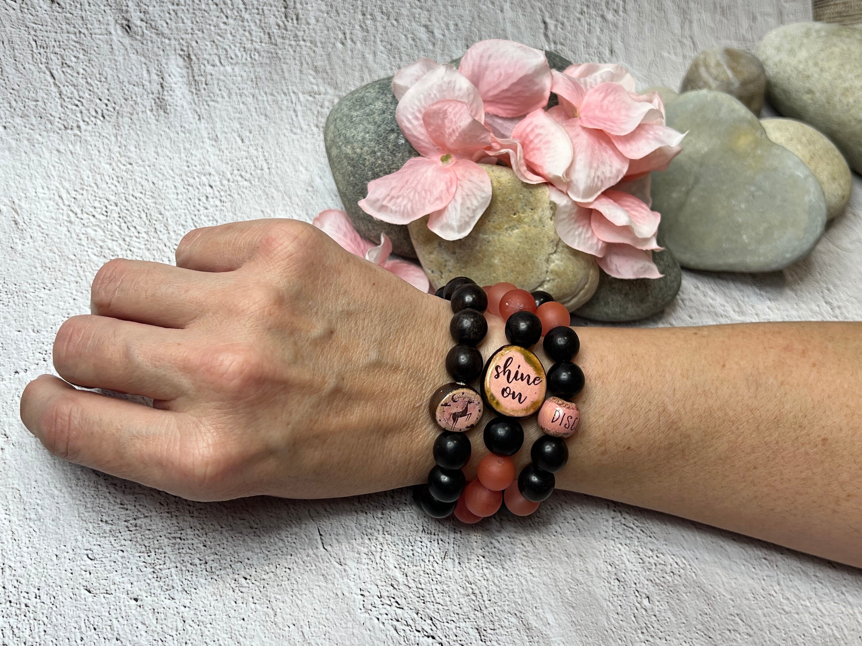 Brown Wood Pink Stacking Stretch Bracelet, Inspiration Affirmation Wood ...