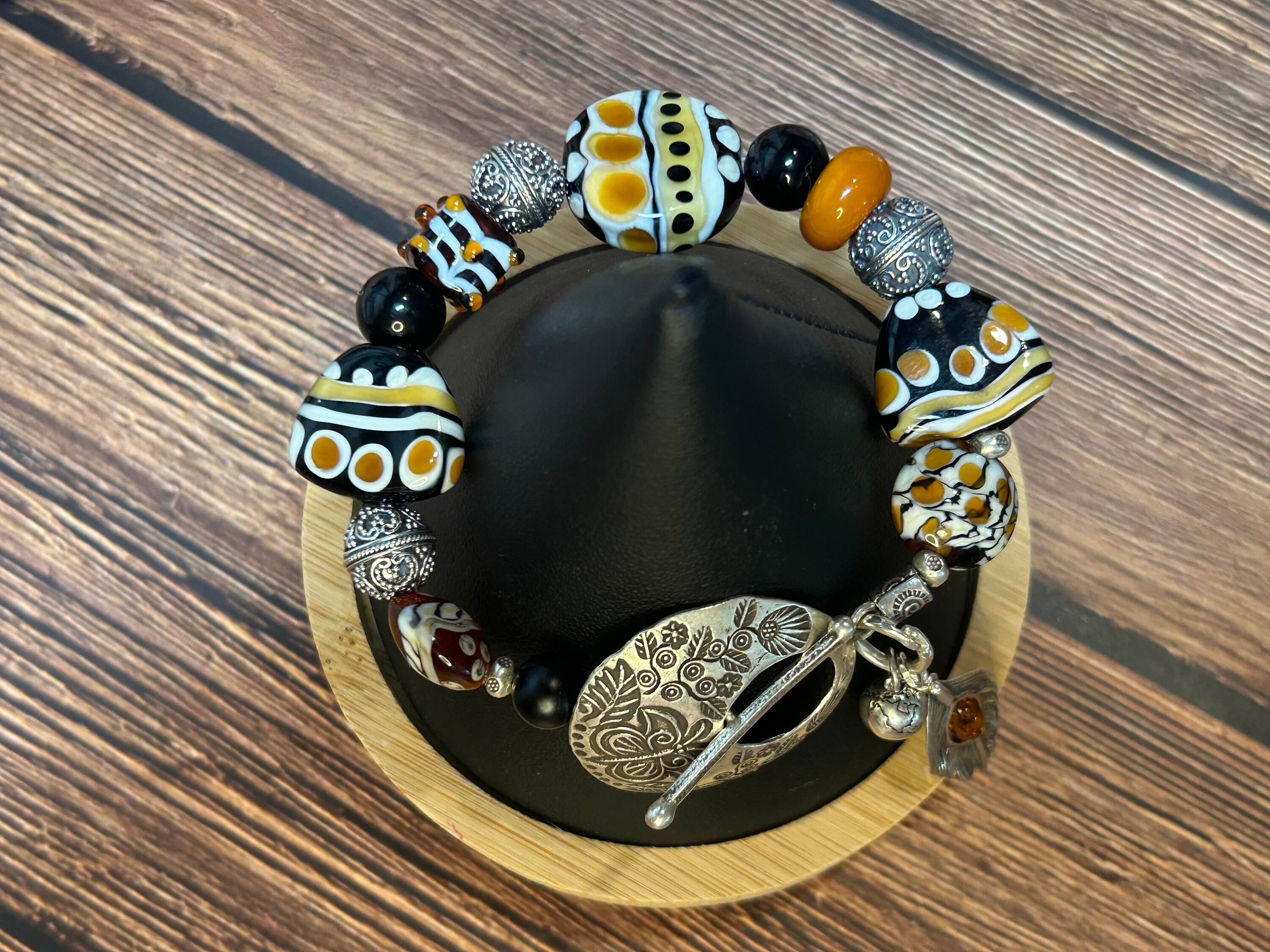 Boho Animal Print Artisan Lampwork Glass and Bali Silver Beads Bracelet ...