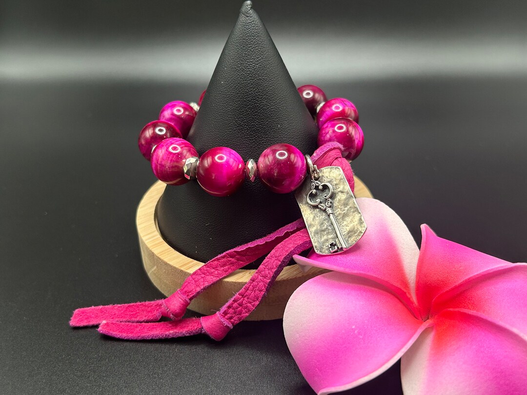 Hot Pink Large Beads Stretch Charm Bracelet, Fuchsia Pink Tiger Eye ...