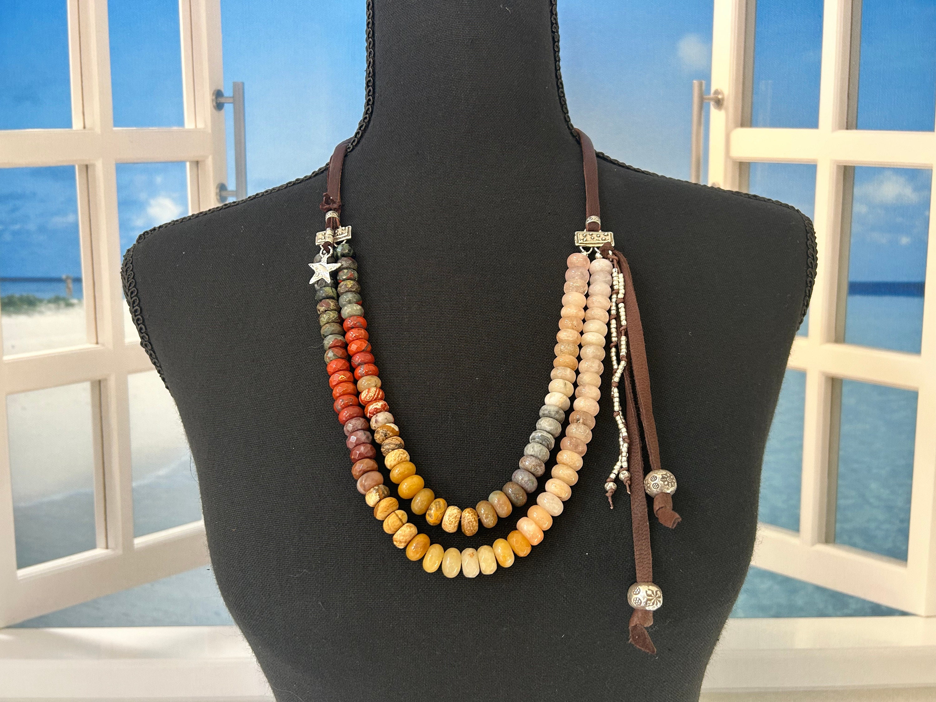 Mixed Ombre Gemstone Boho Necklace With Leather and Sterling Silver ...