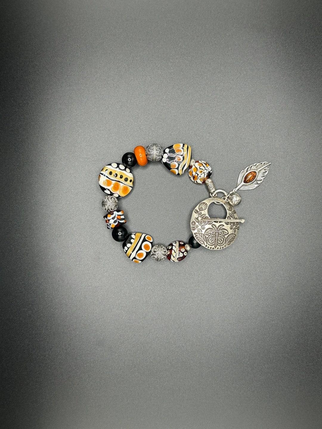 Boho Animal Print Artisan Lampwork Glass and Bali Silver Beads Bracelet ...