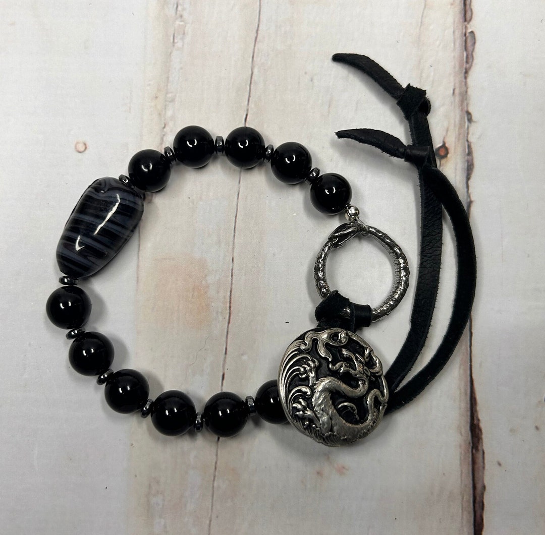 Mens Beaded Black Onyx Serpent Bracelet With Dragon Button and Leather ...