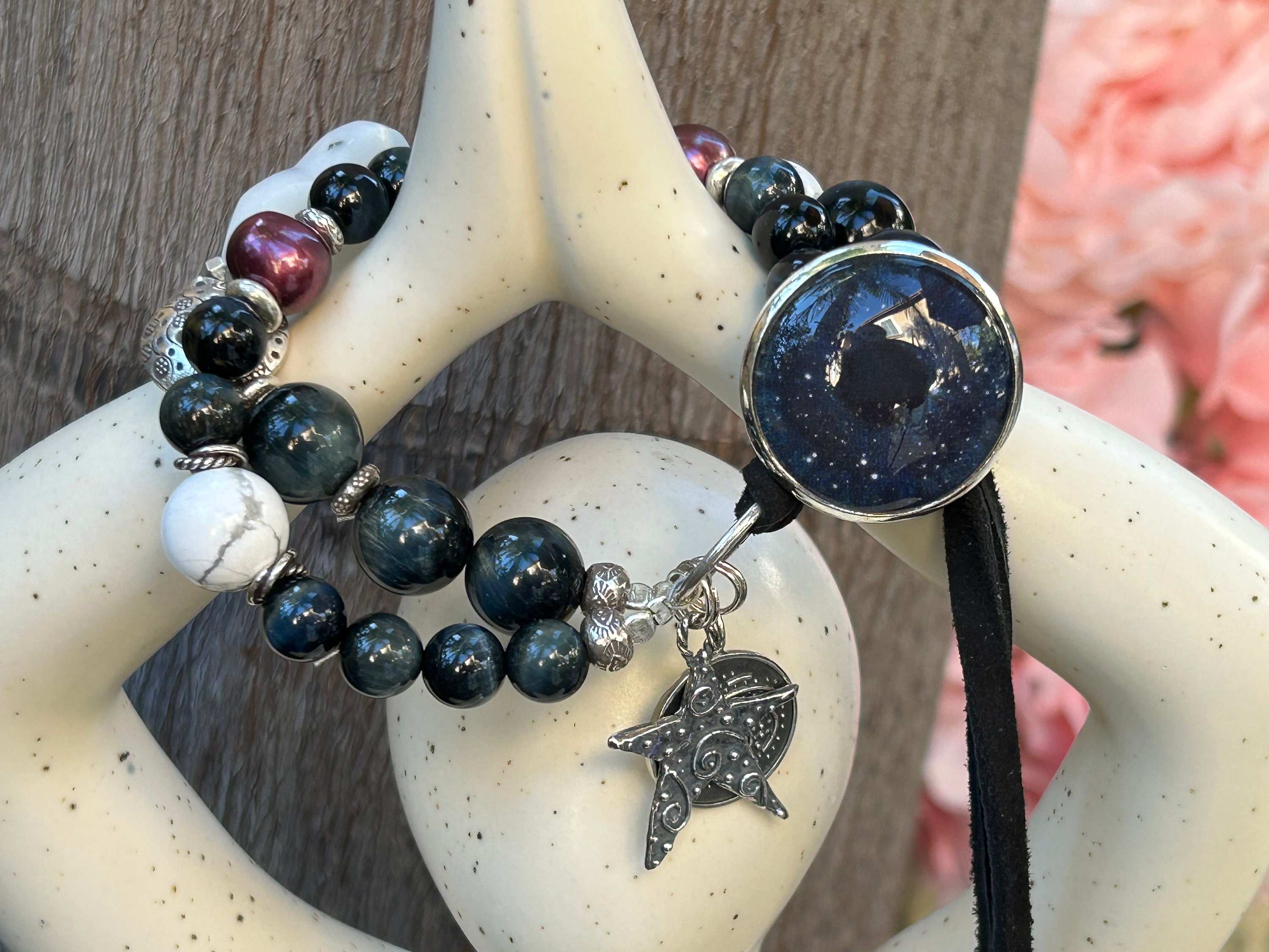 Navy and White Cloud Boho Button Bracelet, Hawk Eye and White Opal ...