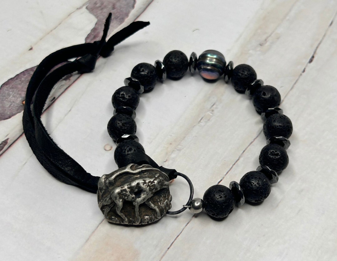 Mens Beaded Matte Lava Beads Wilderness Bracelet With Wolf Button and ...