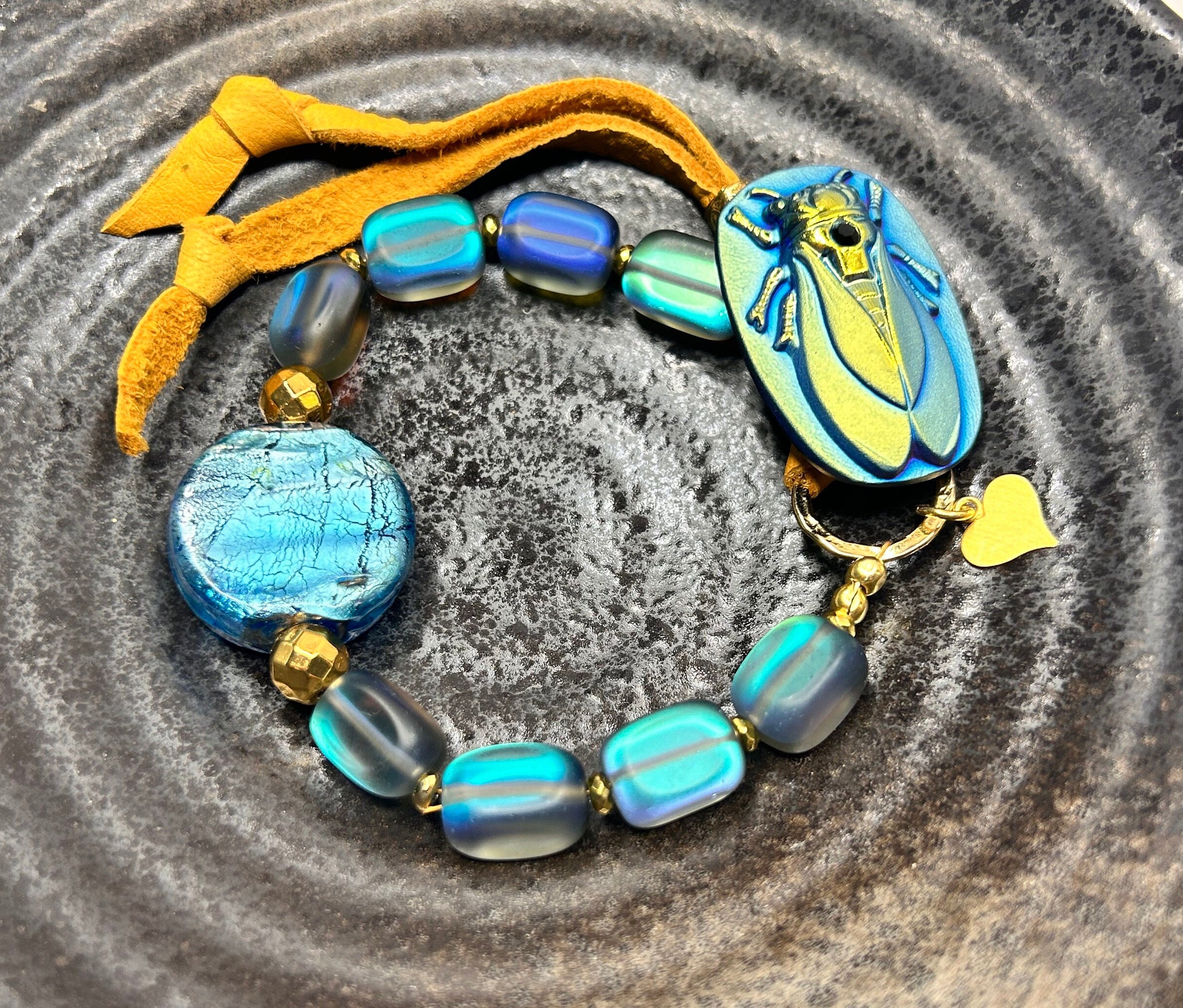 Glowing Scarab Blue Gold Button and Leather Bracelet, Beetle Gold Heart ...