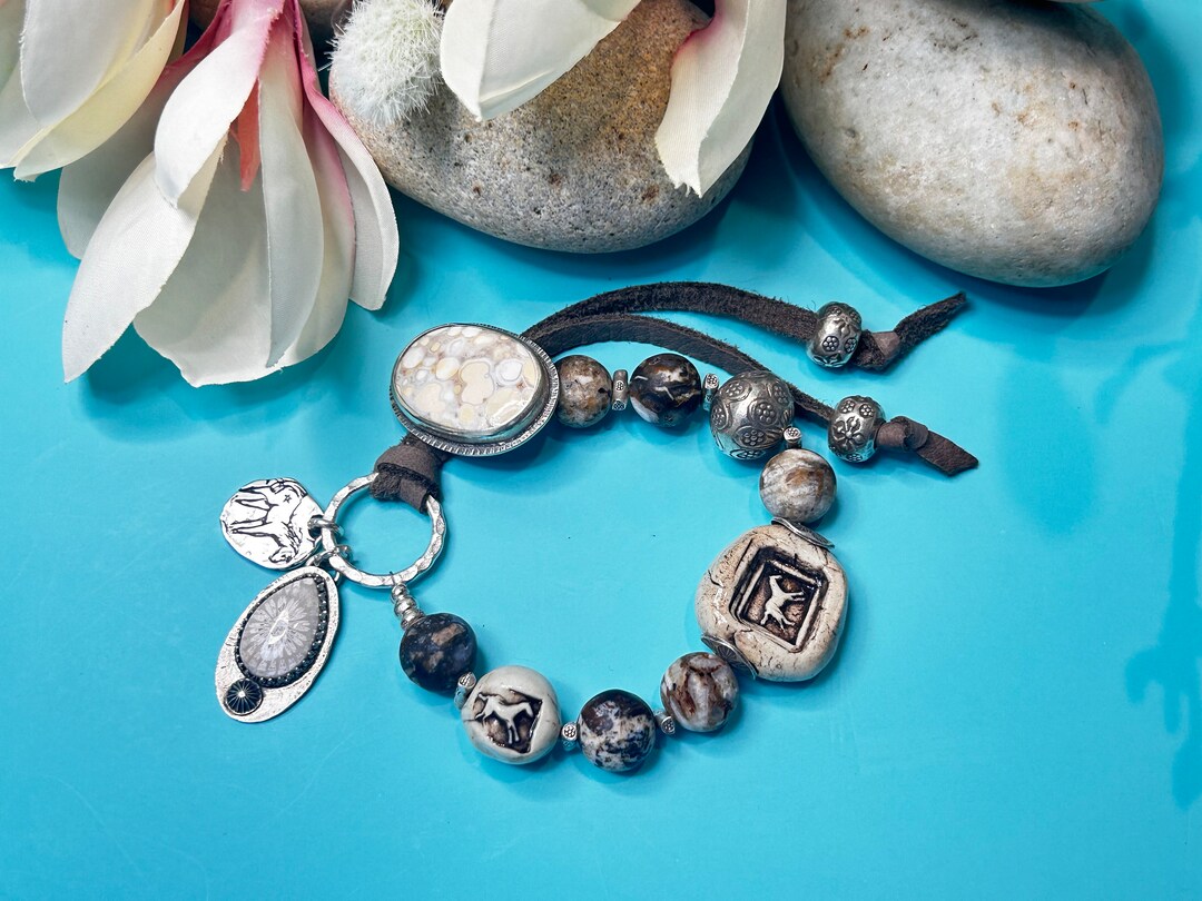 Brown Beige Horse Button and Leather Closure Bracelet, Western Charm ...