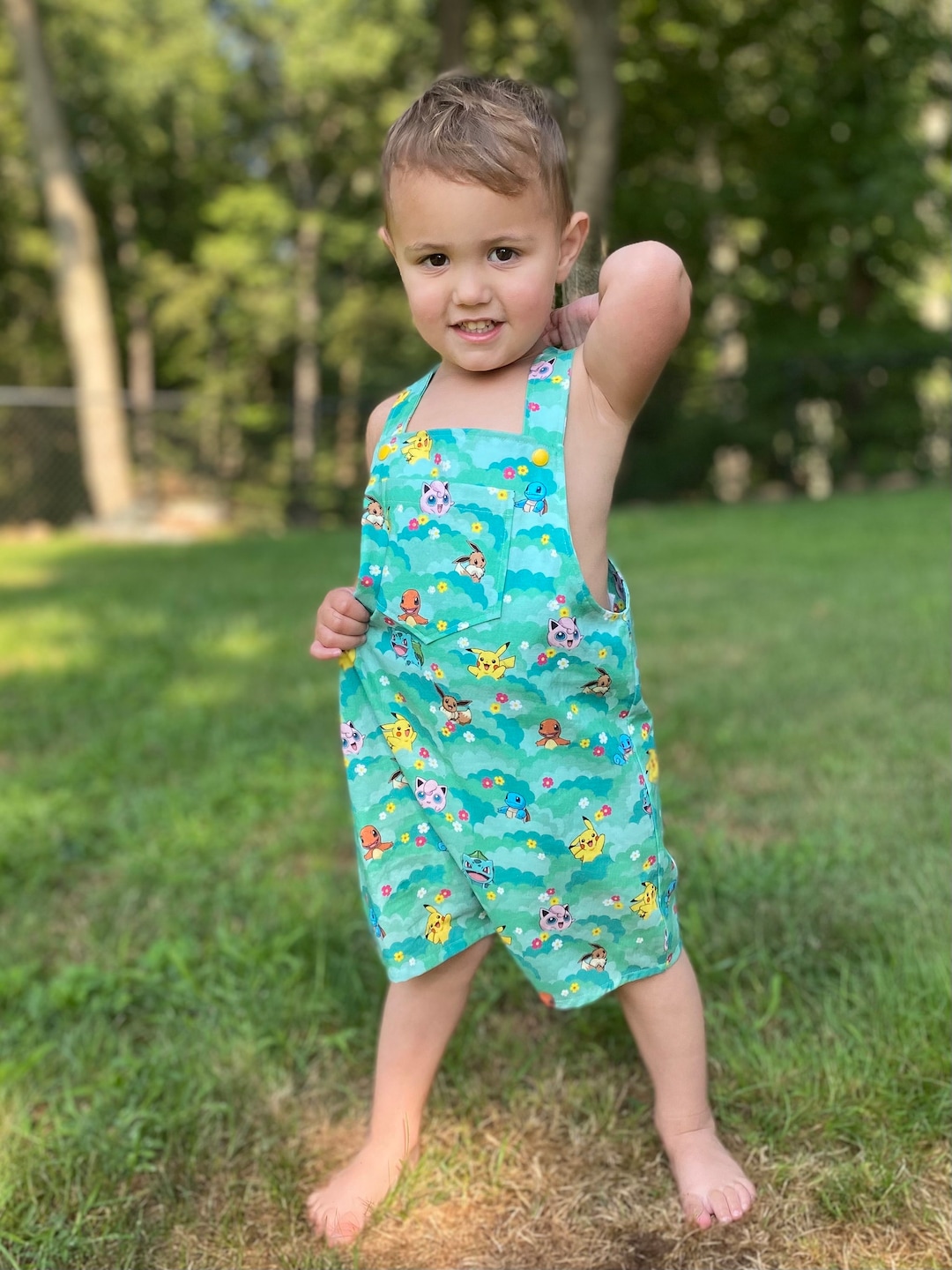 Gotta Catch Em' All Green Overall Short Romper Made With Licensed ...