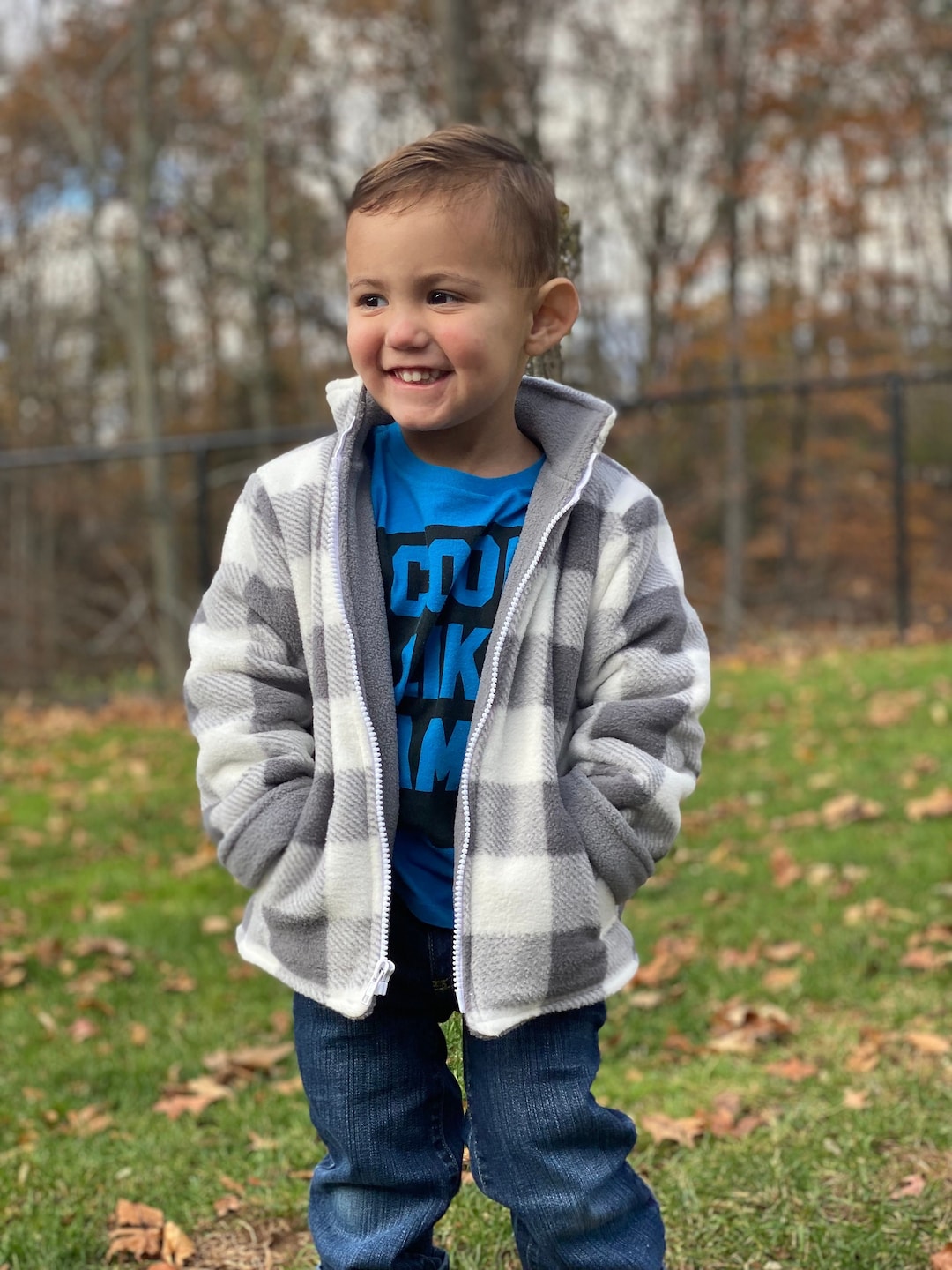 Grey and White Buffalo Check Fleece Jacket Kids/ Lined Fleece Coat Kids ...