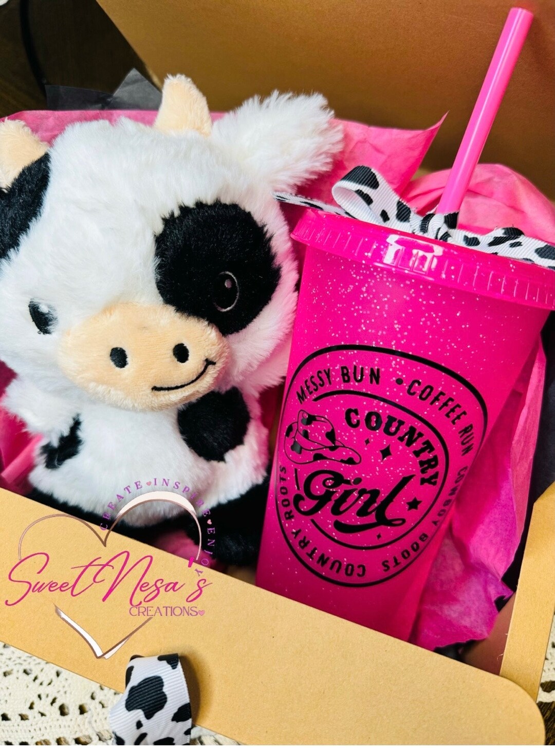 Country Girl Themed Gift Box! Adorable Small Soft Cow Plush & 24oz ...