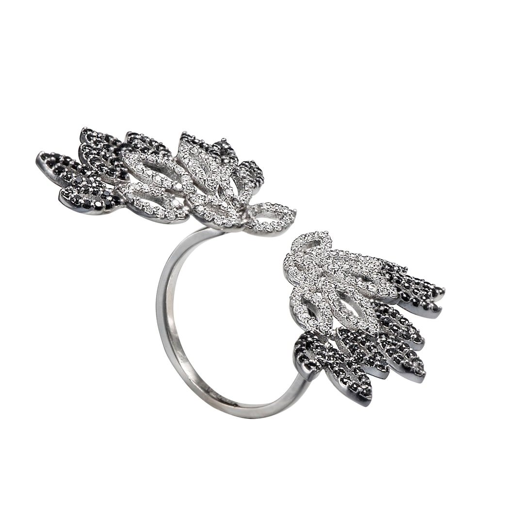 Black and White Diamond Angel Wings Ring, 14K White Gold Multifinger ...