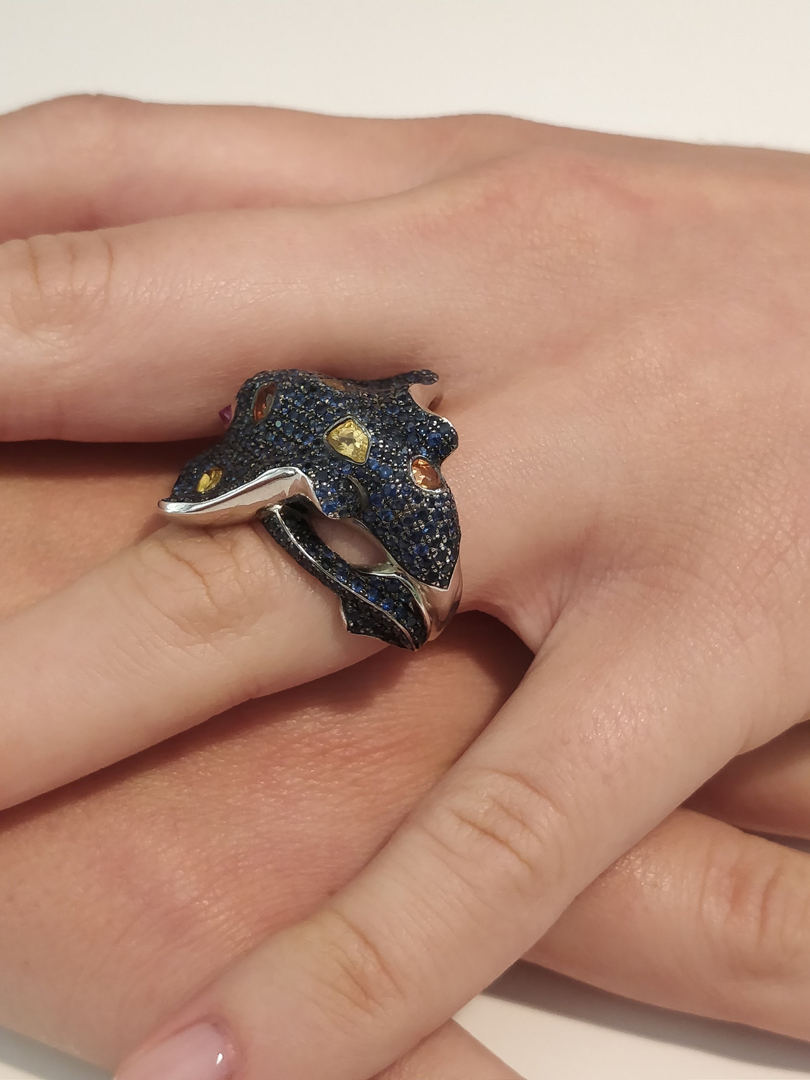 Sapphire and Ruby Gemstones 18 Karat White Gold Stingray Ring, Estate ...