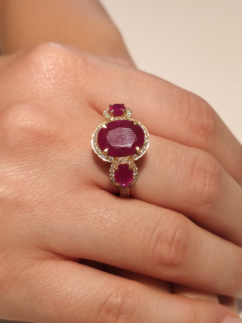 4 Carat Ruby Engagement Ring in 14 Karat Yellow Gold Halo Diamonds and Ruby Ring IGL ...