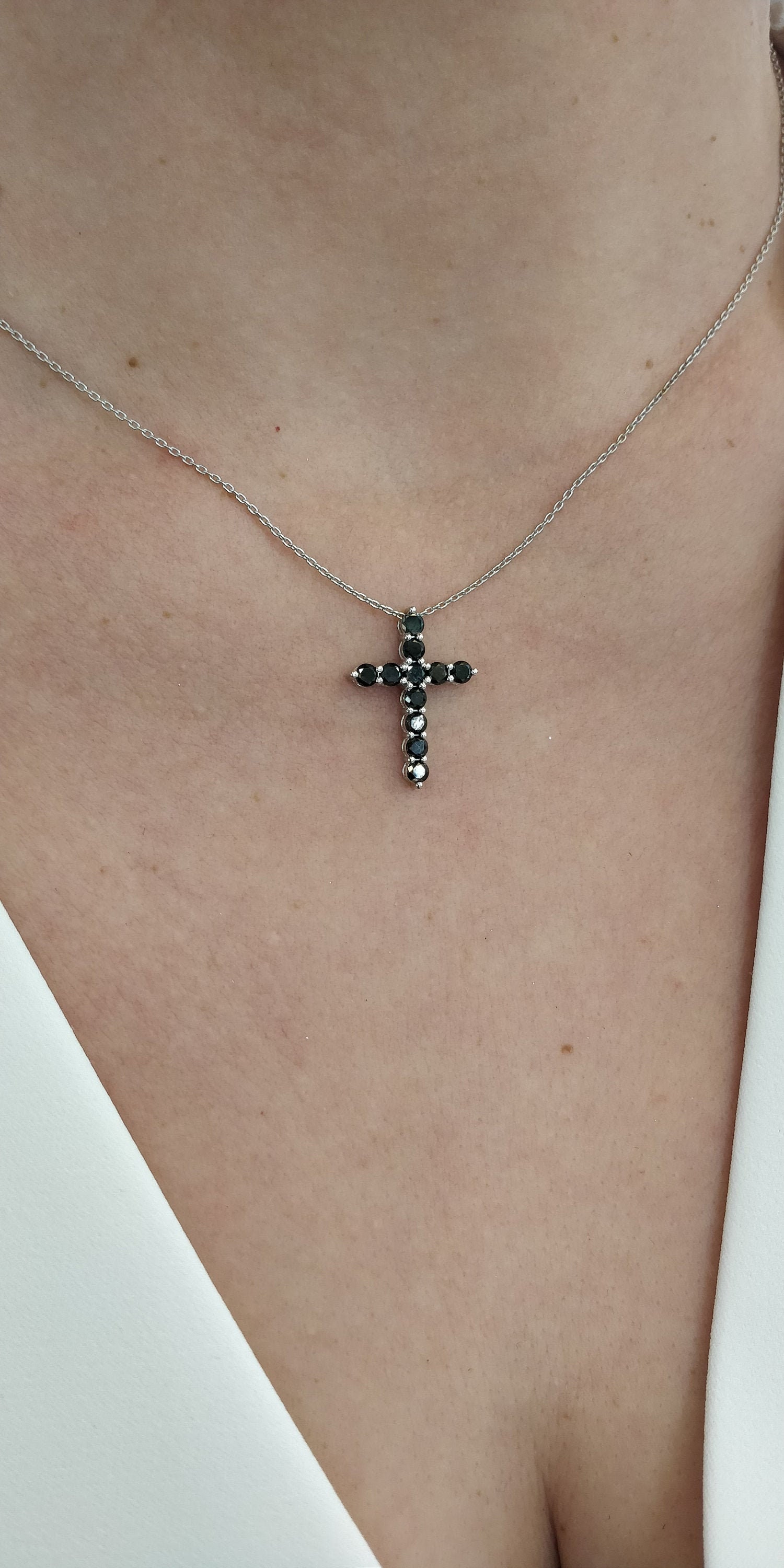 Tiny Black Diamond Cross Necklace, Real Natural 1.19 CT Black Diamond ...