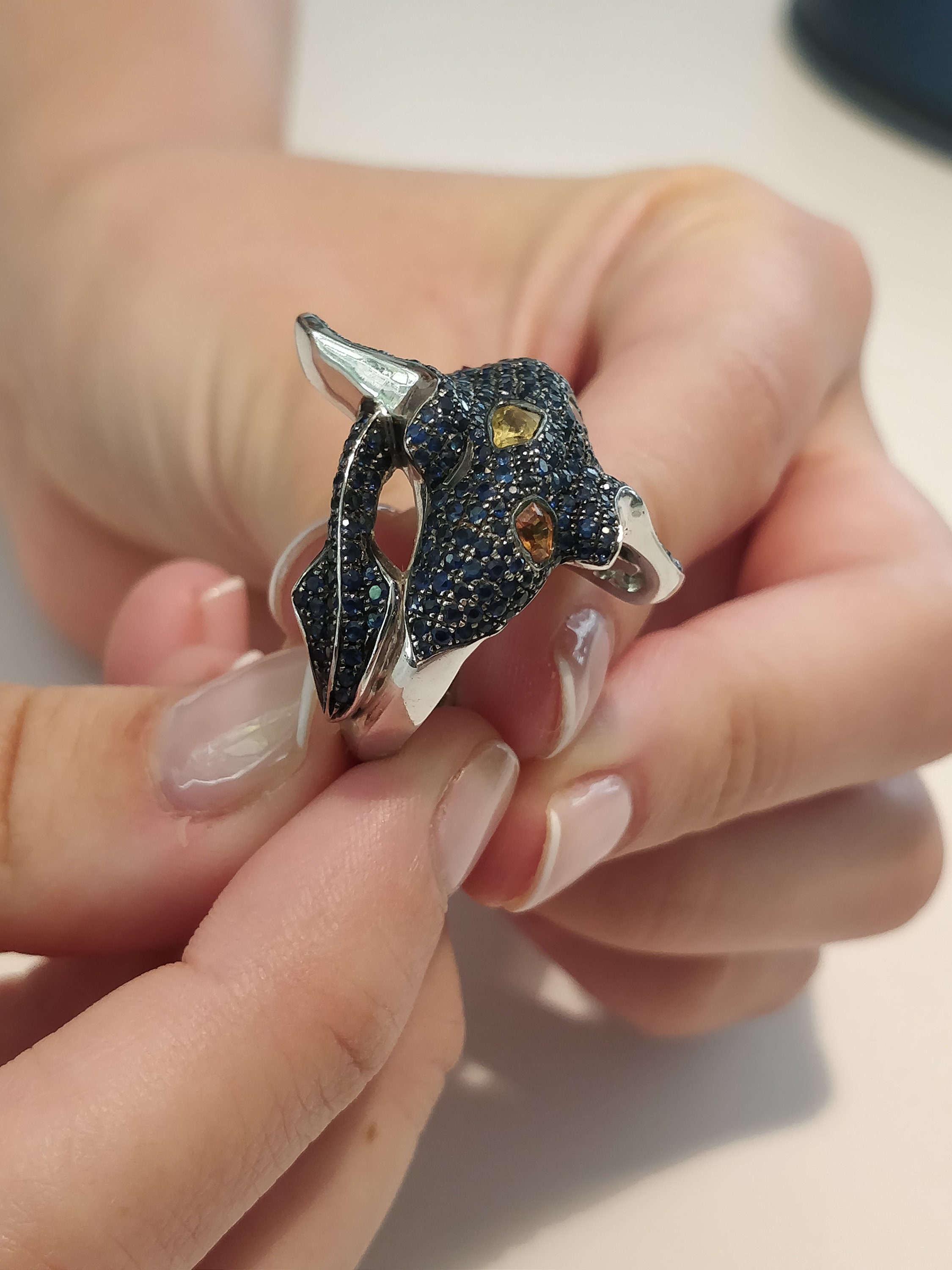 Sapphire and Ruby Gemstones 18 Karat White Gold Stingray Ring, Estate ...