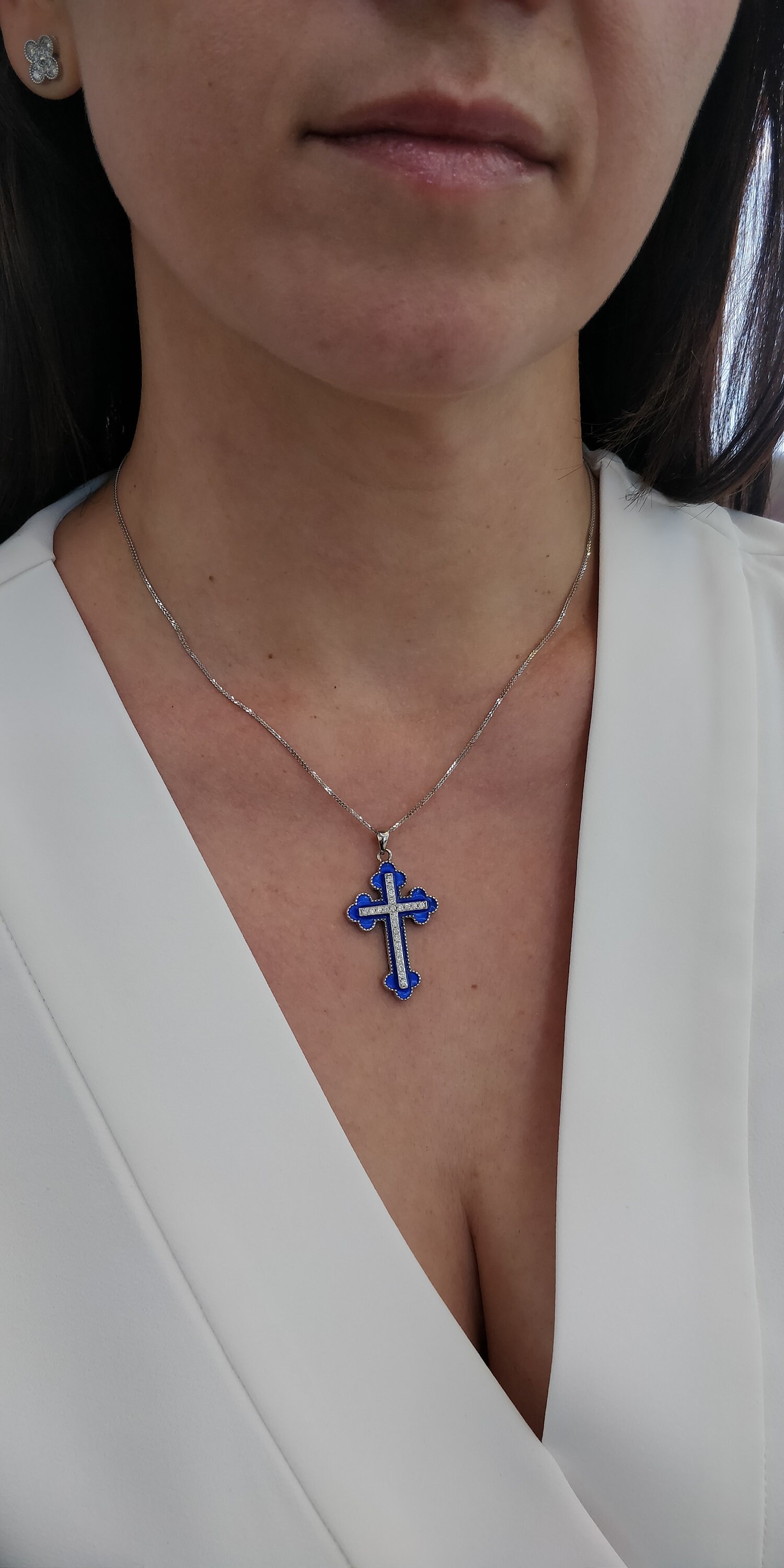 Blue Enamel Diamond Cross Necklace for Him / Her 18k White - Etsy