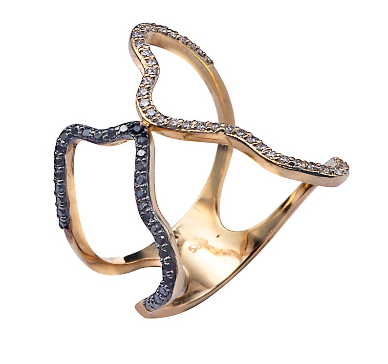 Abstract Shapes Open Diamond Ring, Black and White Wide Band Rings for ...