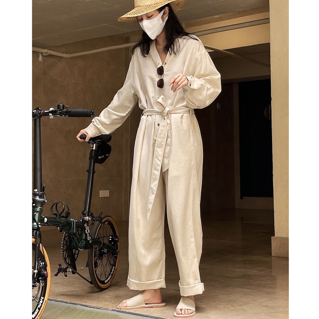 Linen Jumpsuit for Women Oat Color Linen Jumpsuit Overall Loose Fit for ...