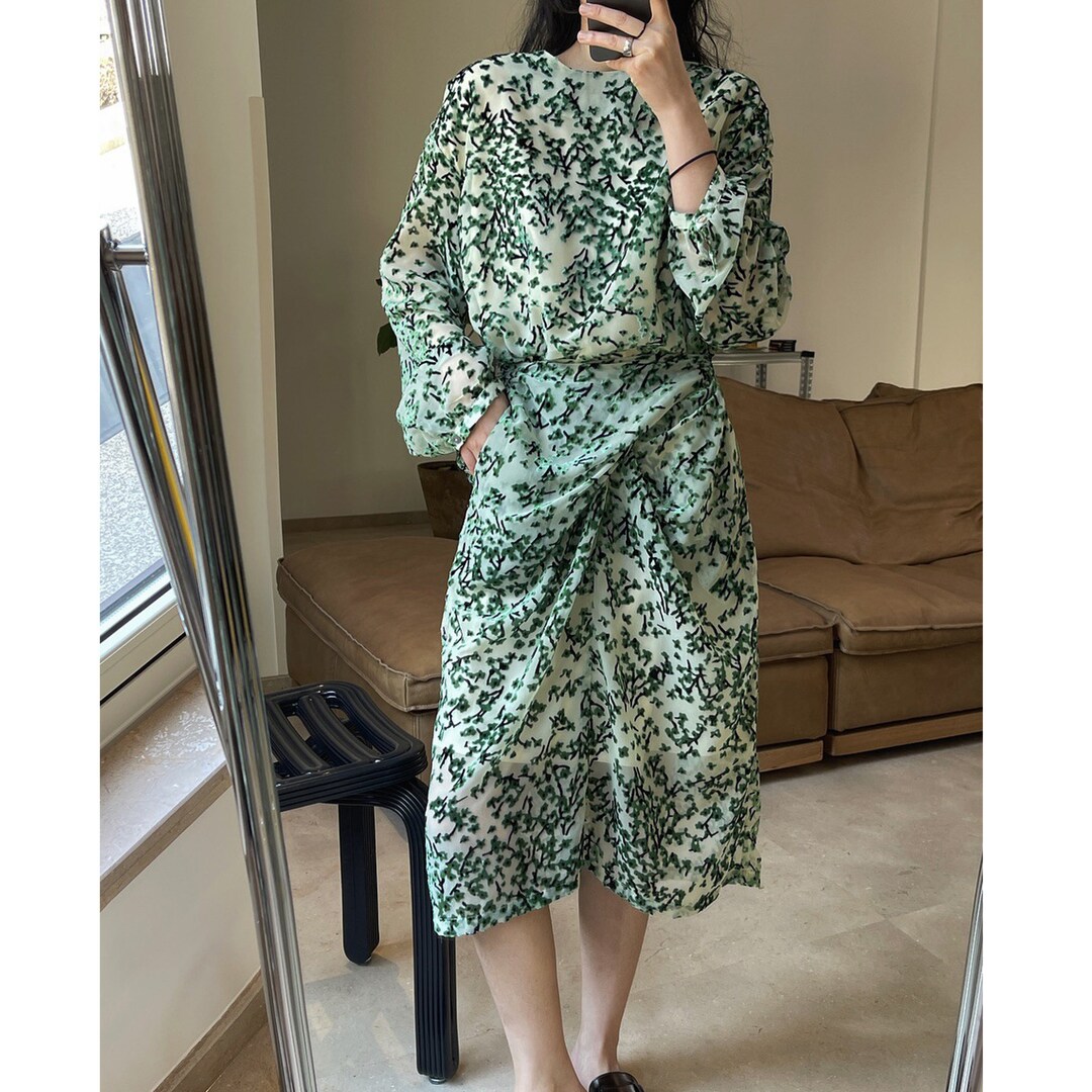 Floral Flocking Sheath Dress Long Sleeves Dress With Belt Green Floral ...