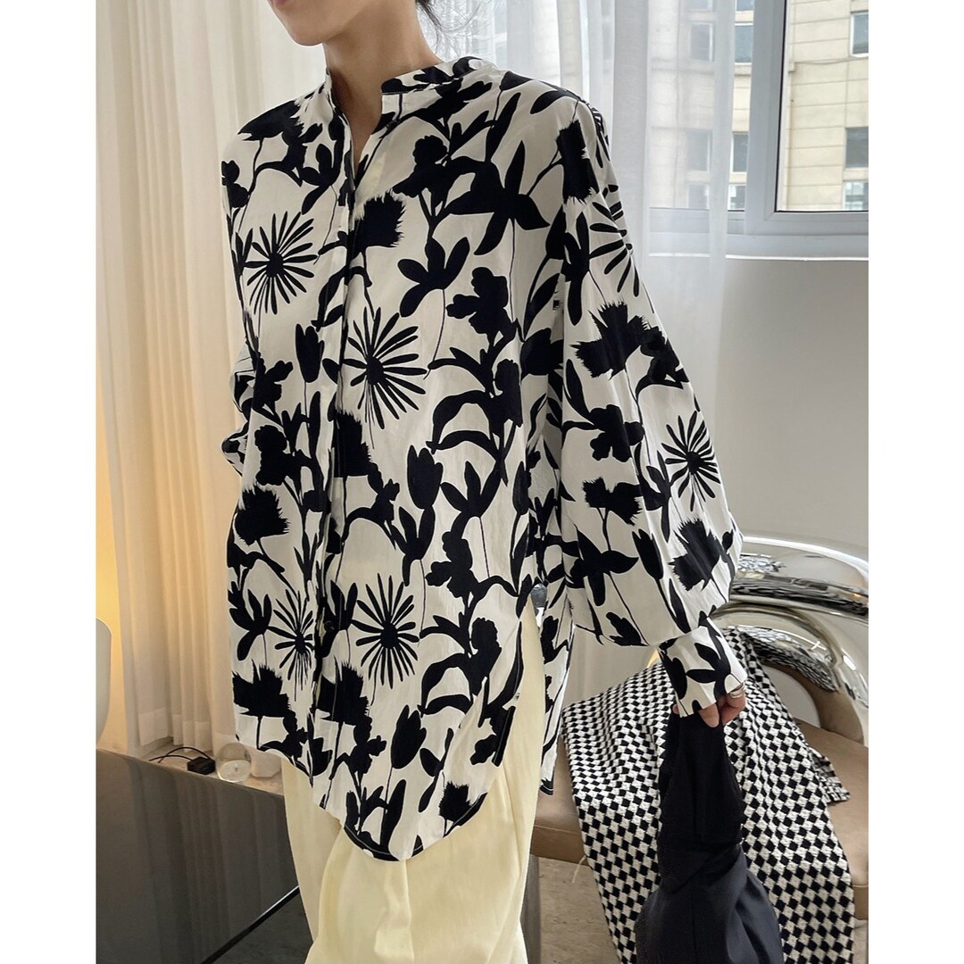 Black and White Floral Motif Cotton Shirt Oversized Button Down Shirt ...