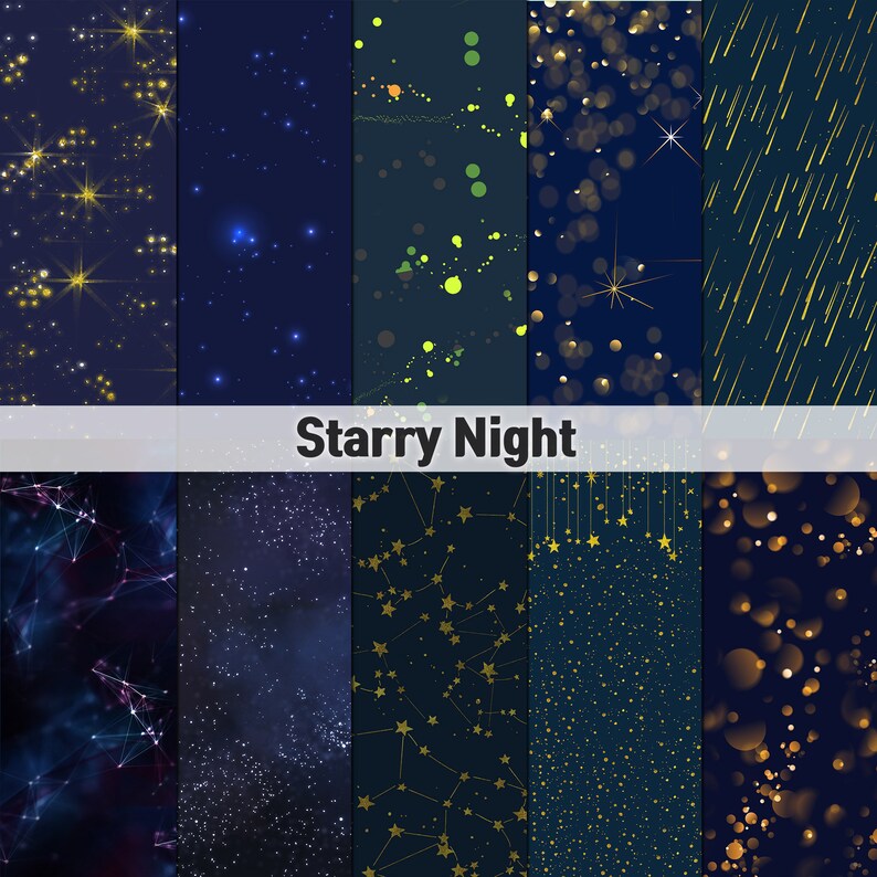 Starry Night Clipart, Gold Stars Midnight Scrapbook Digital Paper, Star ...