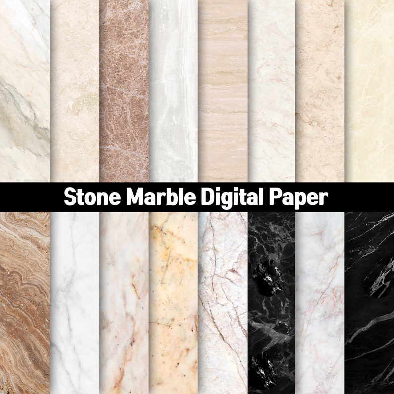 Marble Digital Paper, White Black Brown Stone Rock Crystal Realistic ...