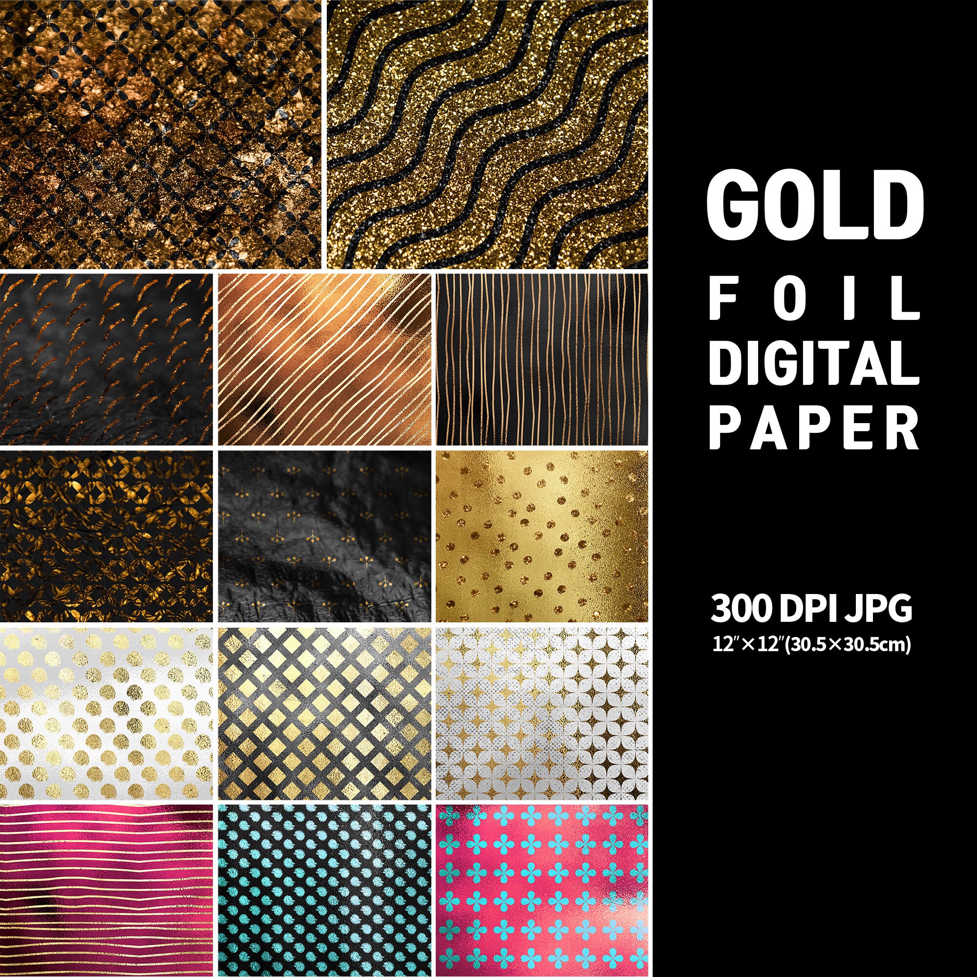 Gold Foil Digital Papers, Shape and Line, Scrapbook, Christmas Instant ...