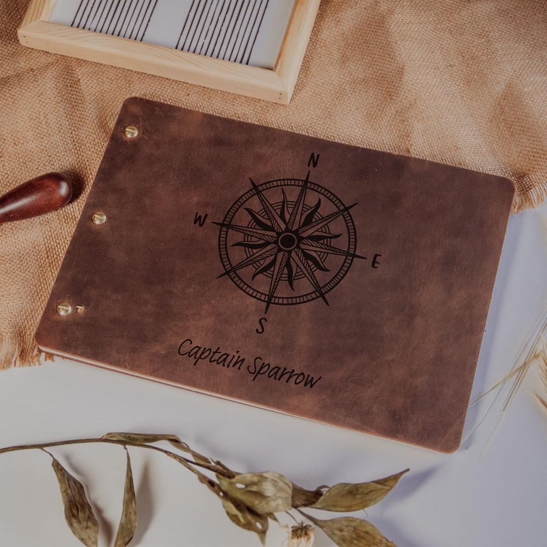 Leather Travel Memory Book With Compass Motif, Monogrammed Adventure ...