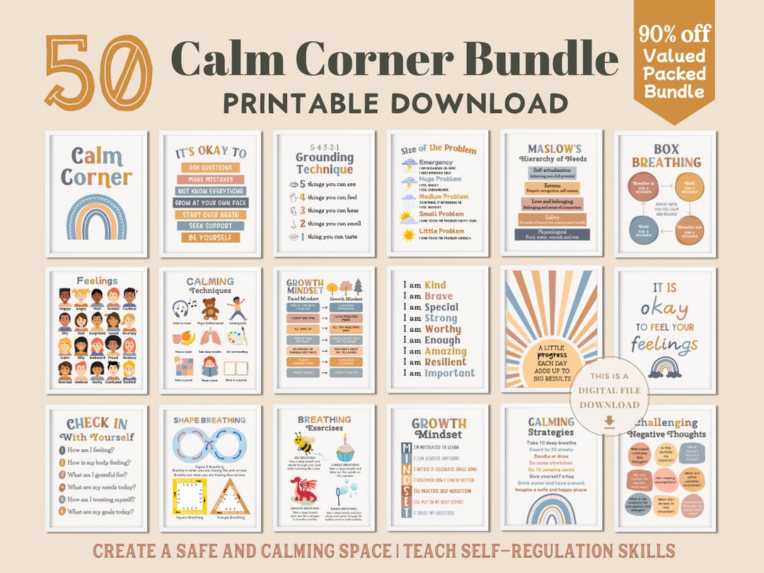 50 Calm Corner Posters Toddler Sign Feelings Thermometer Chart Emotions ...