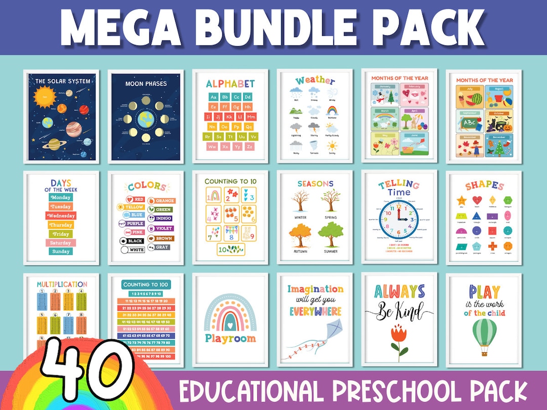 40 Educational Posters Set Montessori Toddler Decor Homeschool Room ...
