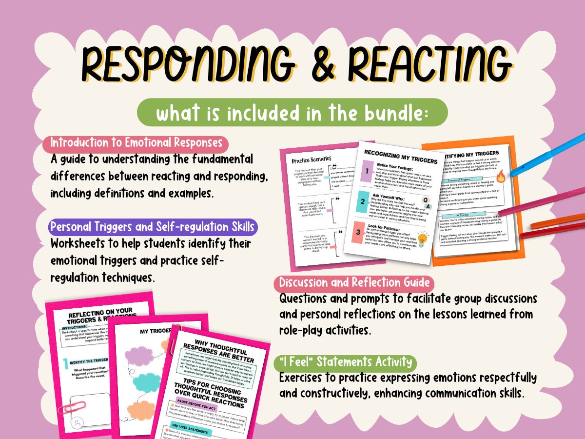 Responding Vs Reacting Worksheets Counseling Activities Therapy Teens ...