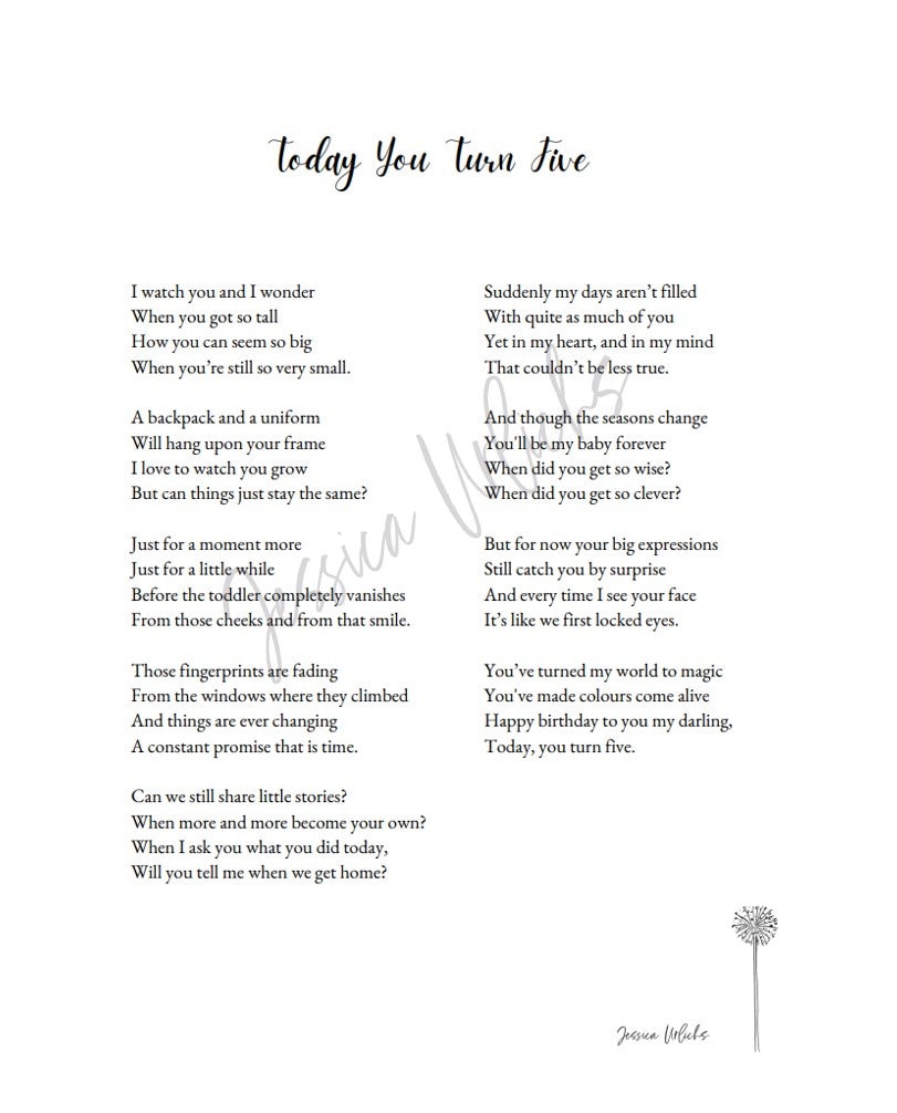 Today You Turn Five fifth Birthday Poem - Etsy