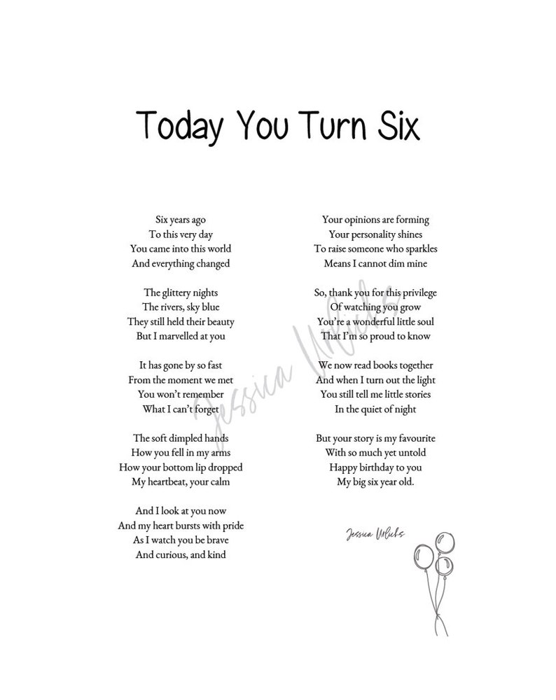 Today You Turn Six Poem - Etsy