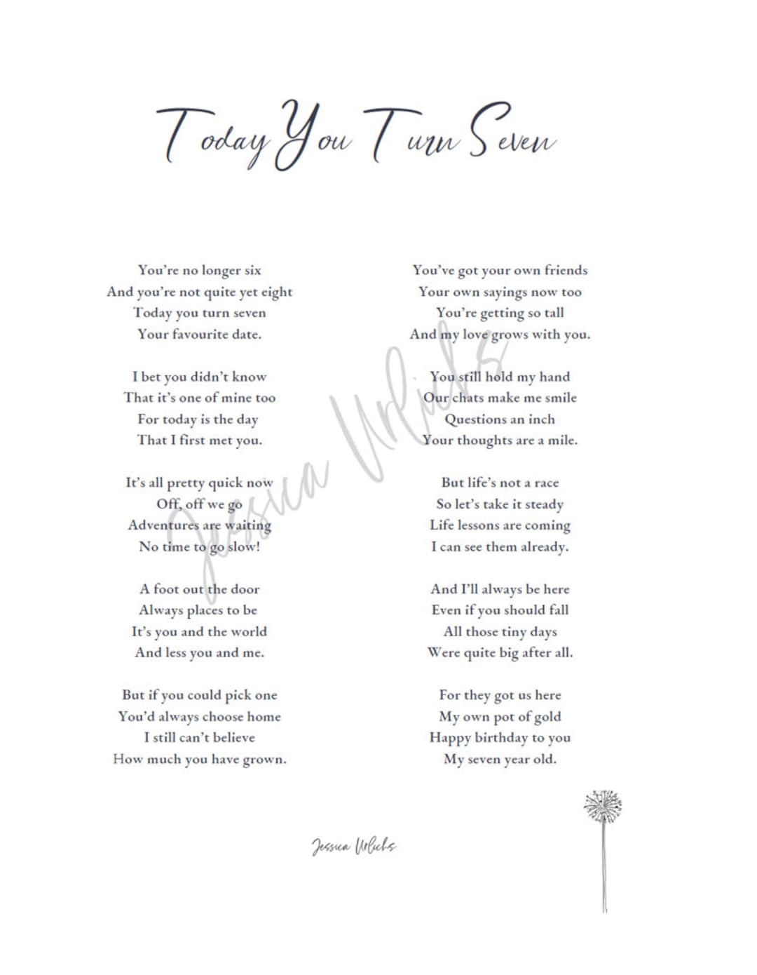 Today You Turn Seven Poem - Etsy