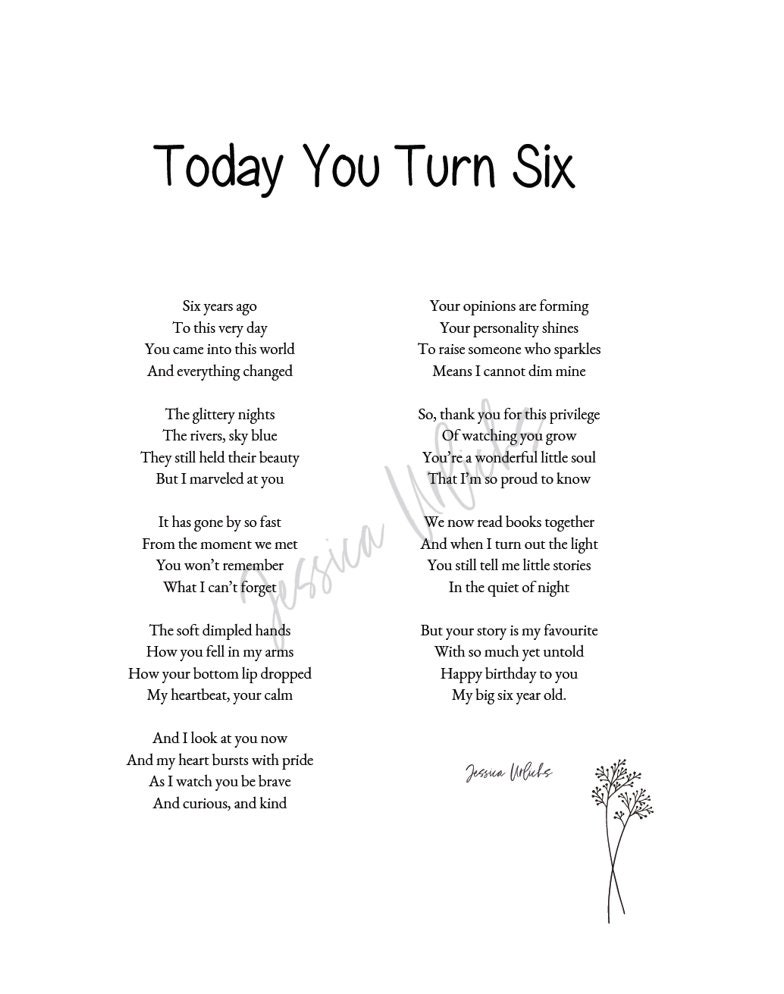 Today You Turn Six Poem - Etsy