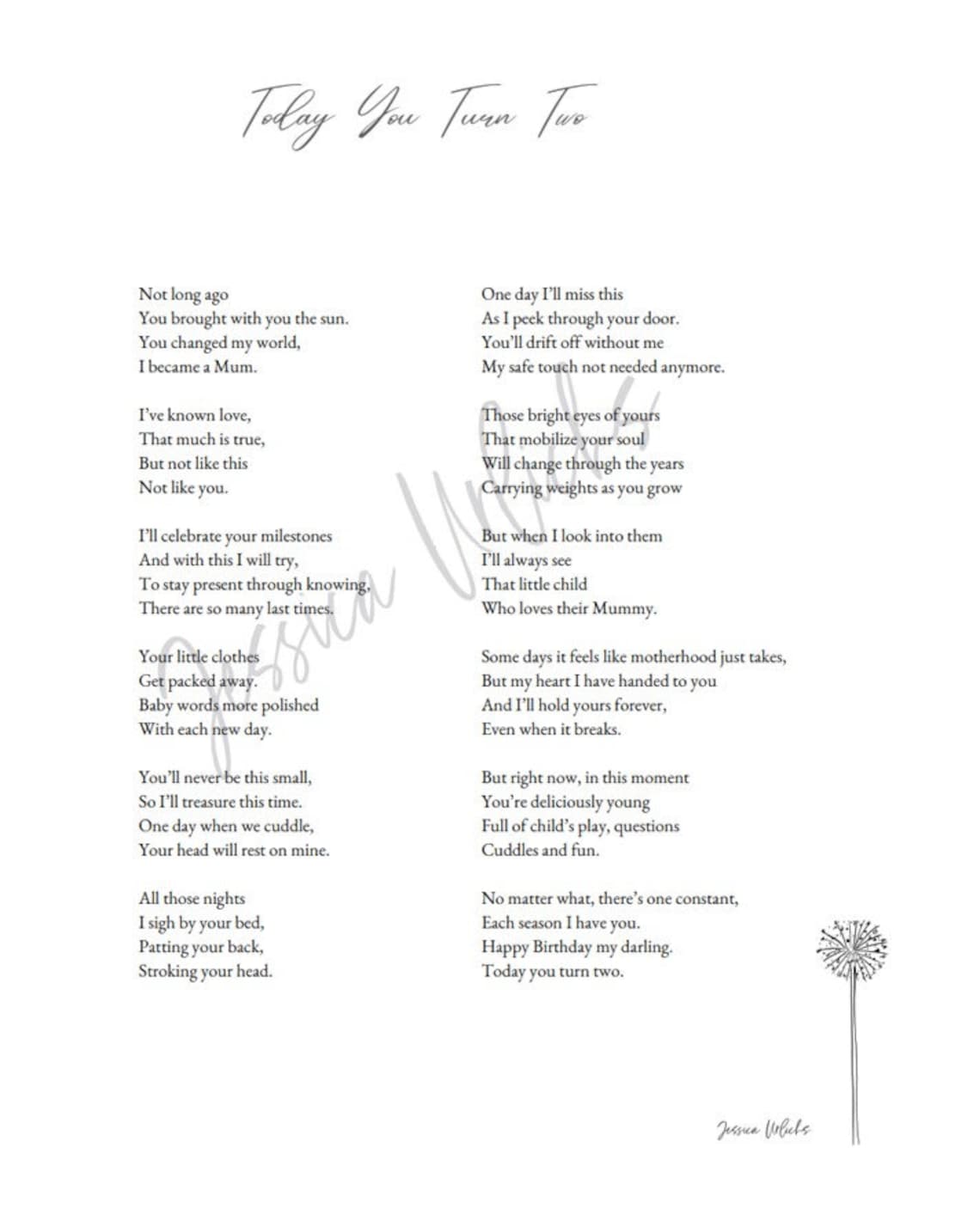 Today You Turn Two second Birthday Poem - Etsy