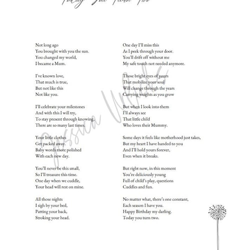 Today You Turn Two second Birthday Poem - Etsy