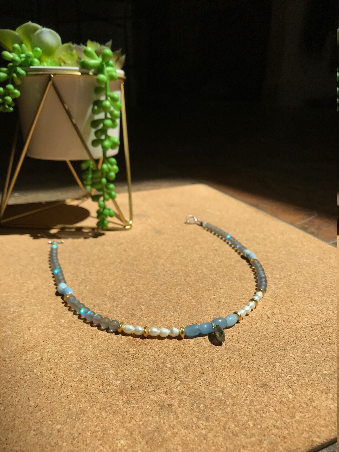 Blue Rainbow Quartz and Pearl Necklace With Labradorite Pendant - Etsy UK