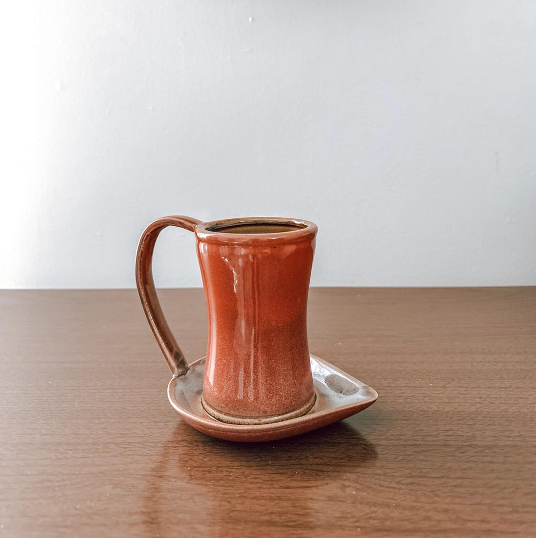 Vintage Ceramic Soup Mug With Built-in Saucer | Rustic Stoneware Coffee ...