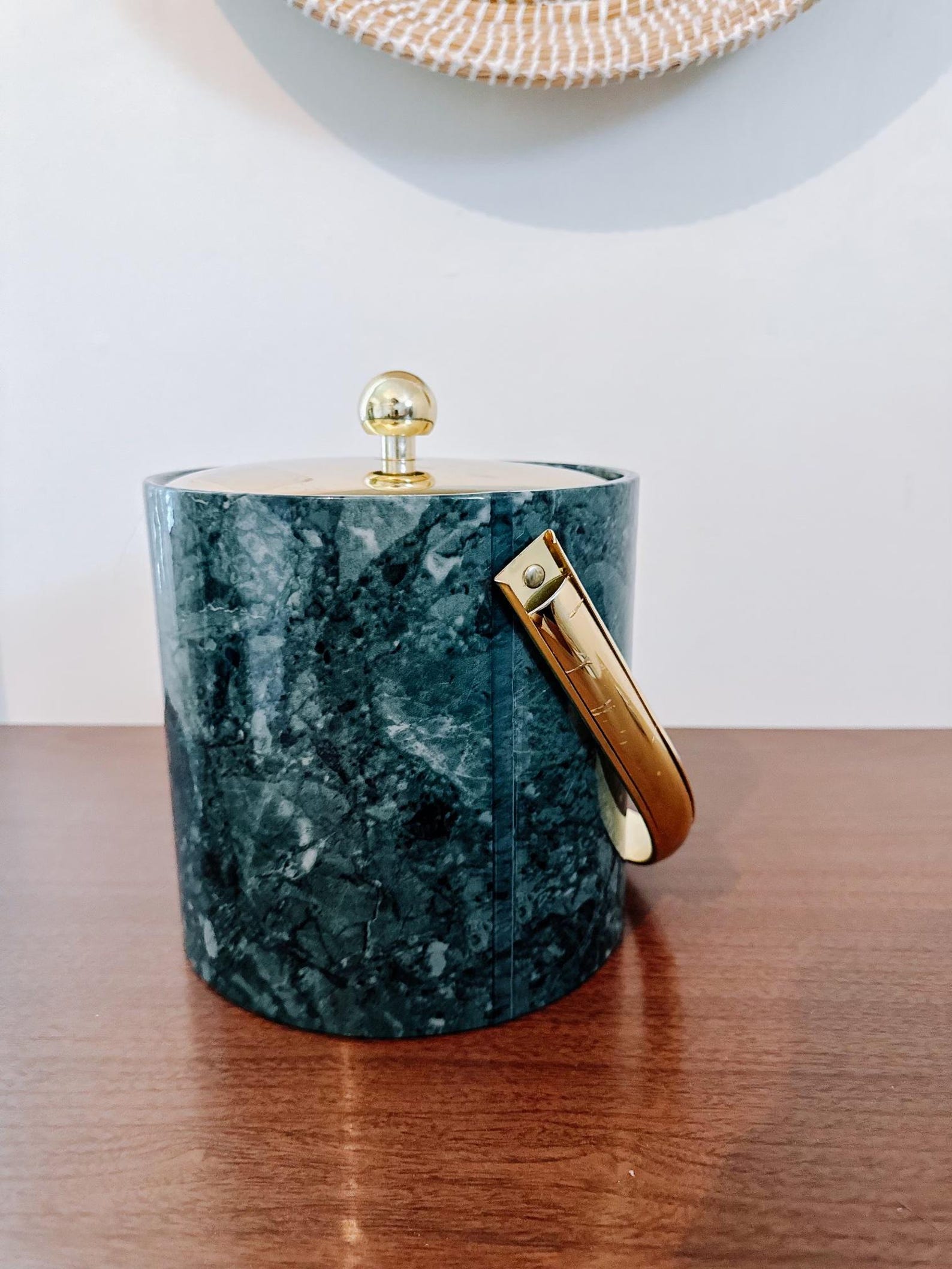Vintage Green Faux Marble Ice Bucket With Gold Handle & Lid – Mid ...