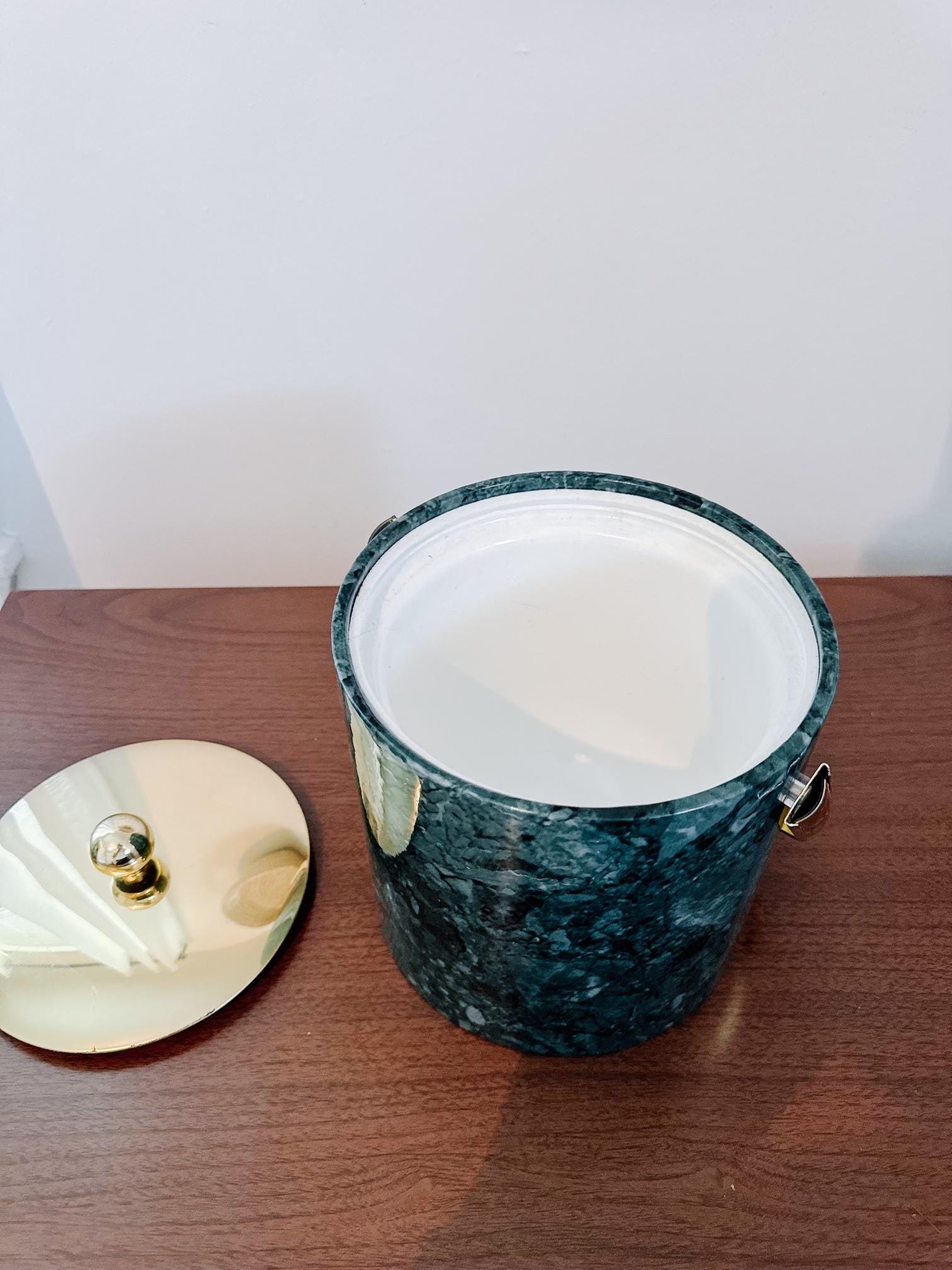Vintage Green Faux Marble Ice Bucket With Gold Handle & Lid – Mid ...