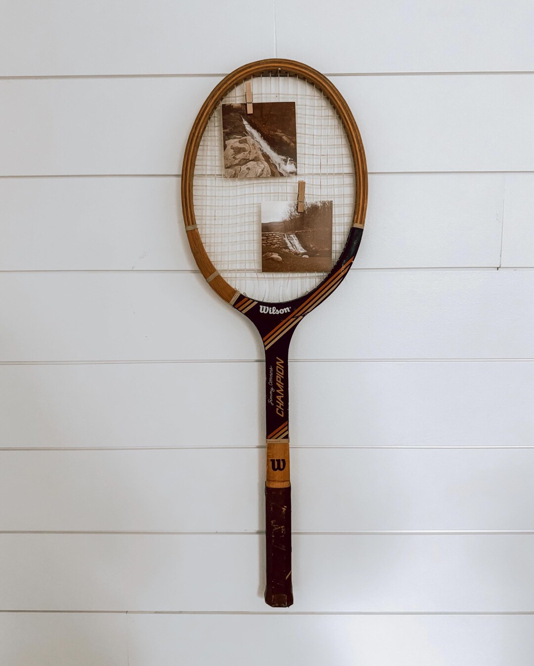 Vintage Wooden Tennis Racket Photo Display | Repurposed Racket Wall Art ...