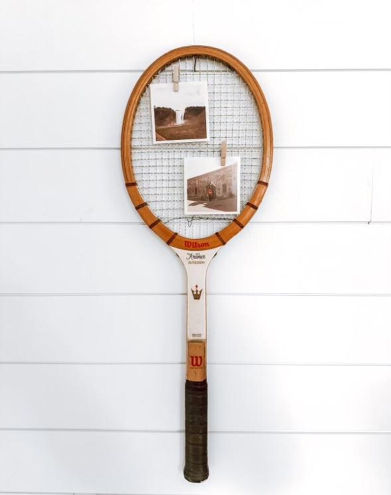 Vintage Wooden Tennis Racket Photo Display | Repurposed Racket Wall Art ...