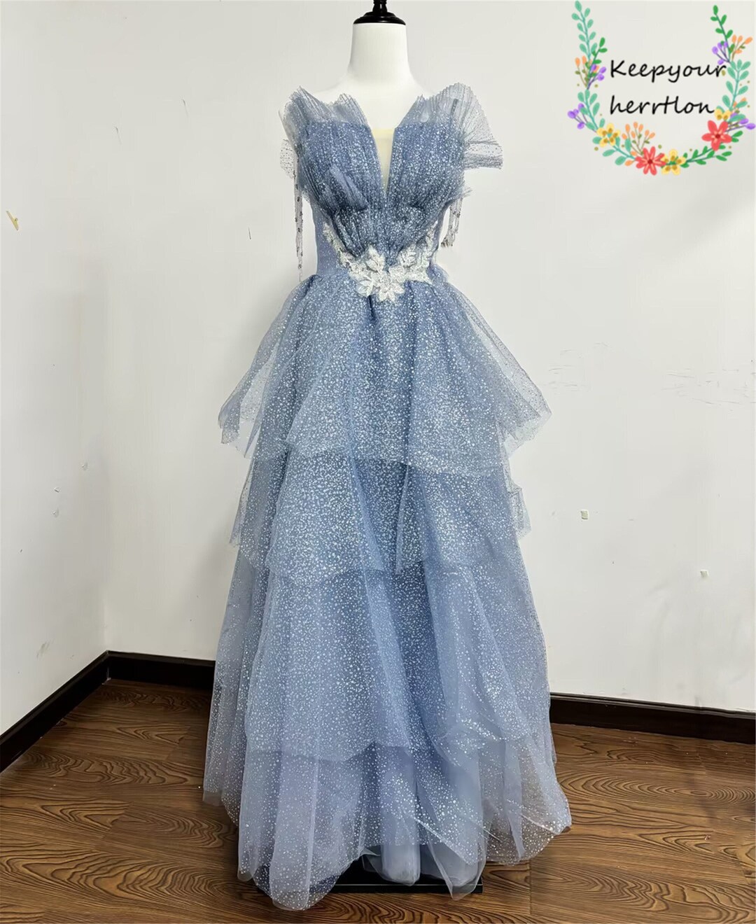 Dreamy Blue Glitter Tulle Strap Prom Gown , Handmade Appliques Beaded ...