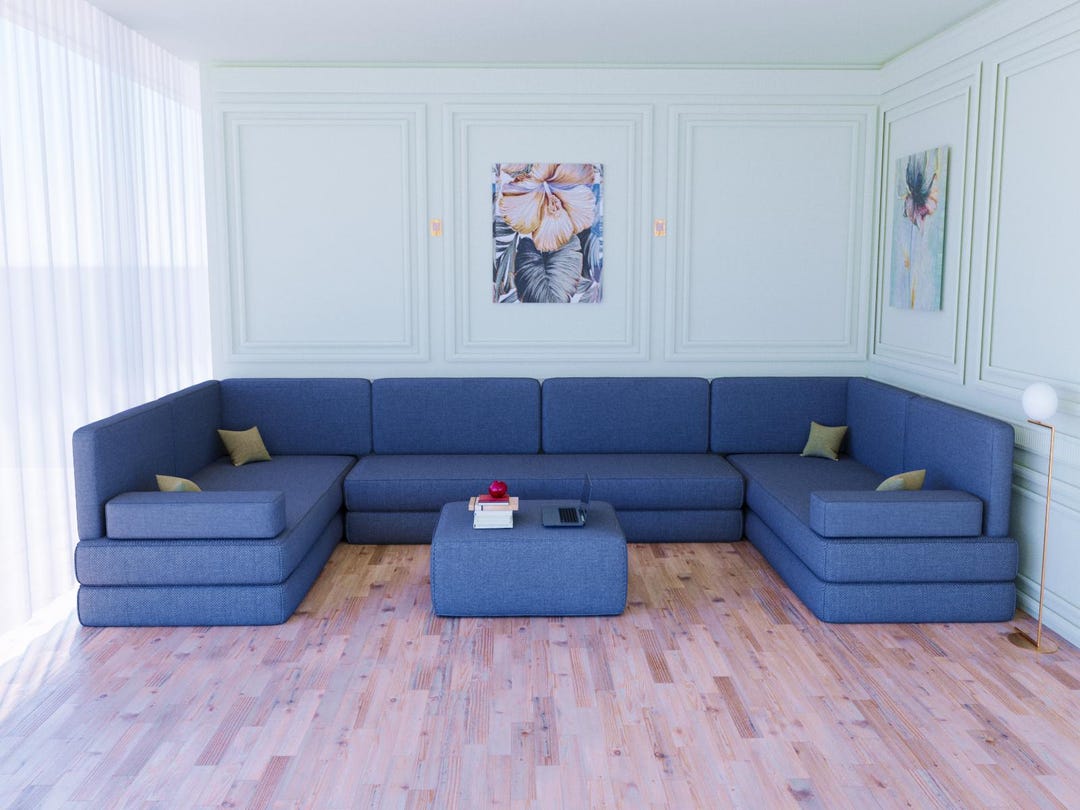 Blue Linen U Shape Floor Sofa, U-shaped Couch, U Shape Floor Pillow, U ...